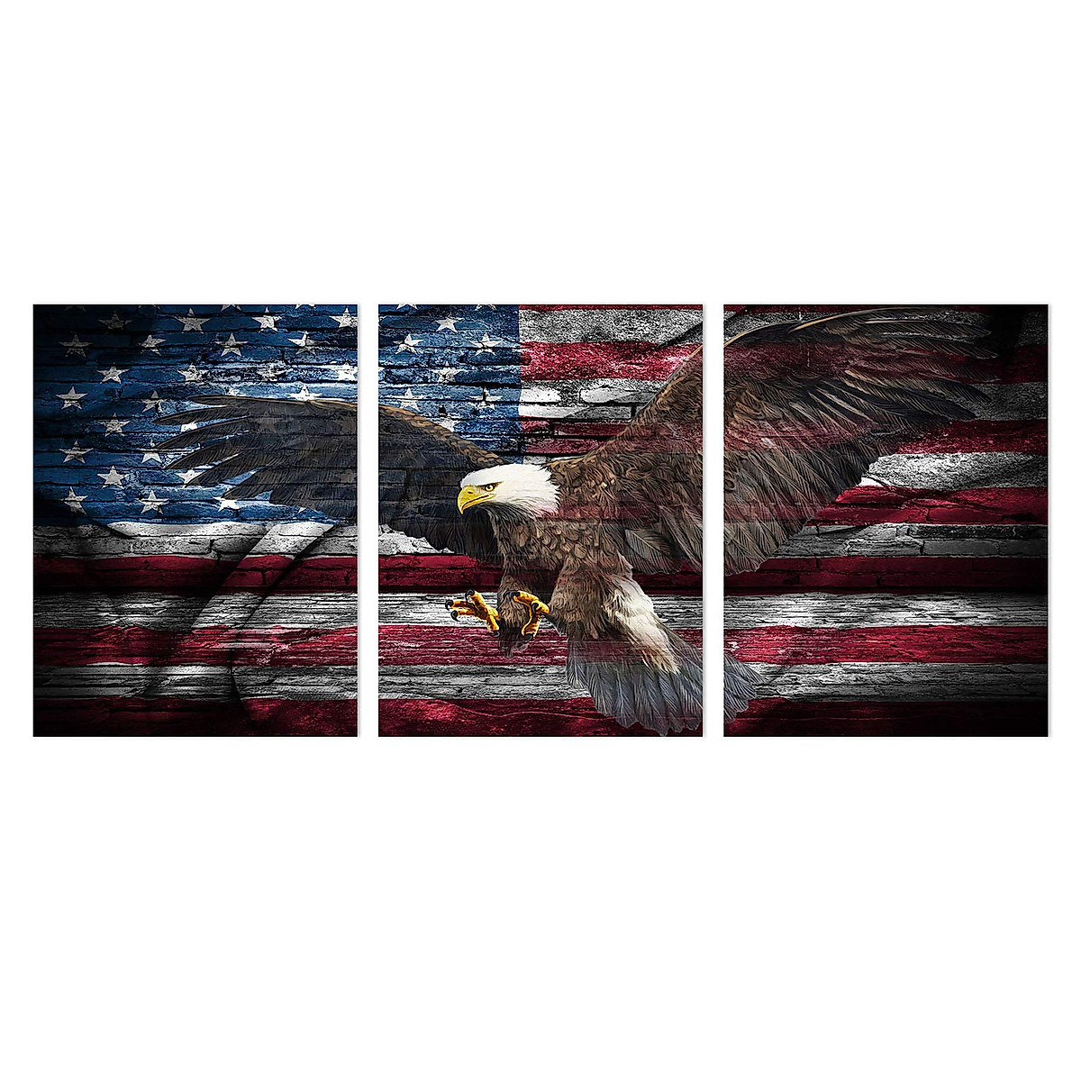 KALAWA American Flag Wall Art Eagle Canvas Independence Day Artwork Red White Blue Painting Patriotic Concept Wall Decor the USA Flag Home Decor 3 Panels Print for Living Room Framed Ready to Hang