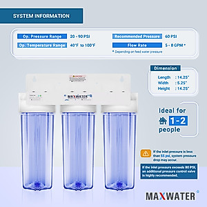 Max Water 3 Stage Nitrate Reduction (Good for Well/Underground Water) 10 inch Standard Water Filtration System for Whole House - Sediment + Anion + CTO Post Carbon - ¾" Inlet/Outlet - Model : WH-SC3