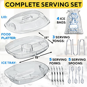 Premium Chilled Serving Tray for Parties - 15" Ice Chilled Party Platter w/Lid & Dip Holder - Functional Cold Dish w/ 4 Compartments - Perfect for Fruits, Veggies, Shrimp Cocktail - Keeps Food Cool