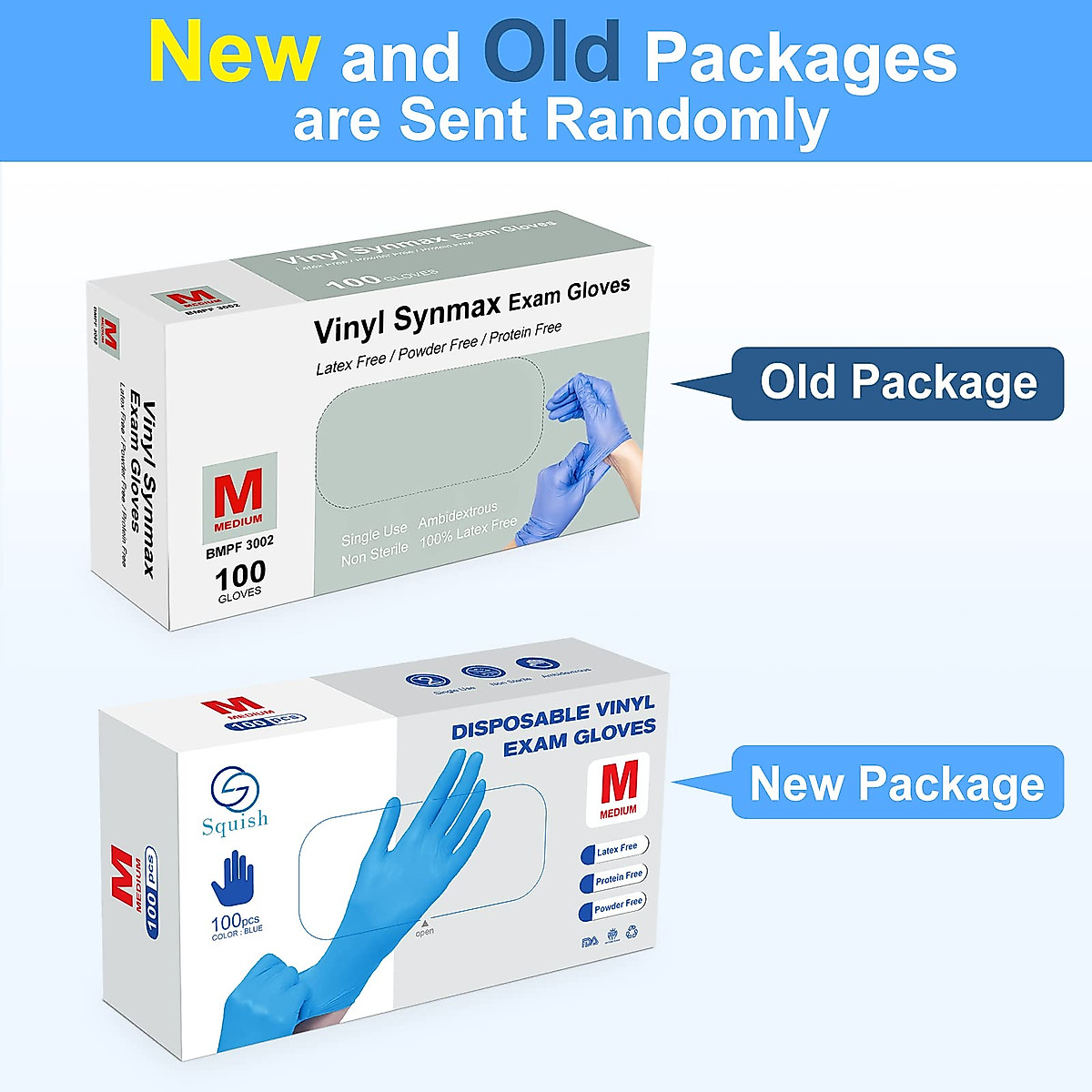 squish Disposable Gloves, 100Pcs Blue Vinyl Blend Exam Gloves Non Sterile, Powder Free, Latex Free - Cleaning Supplies, Kitchen and Food Safe(Pack of 100) (Blue Medium)