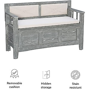 Linon Weathered Grey Carlton Storage Bench with Beige Upholstered Back and Cushioned Seat
