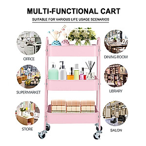 3-Tier Metal Mesh Utility Rolling Cart Storage Organizer with Wheels, Pink