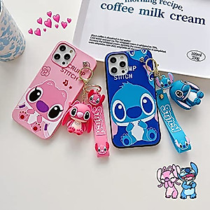 iFiLOVE for iPhone 14 Pro Max Stitch Case, Girls Boys Women Kids Cute Cartoon Character with Charm Pendant Strap Slim Soft TPU Protective Case Cover for iPhone 14 Pro Max (Pink)