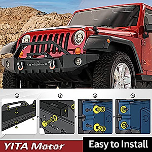YITAMOTOR Front & Rear Bumper Compatible for Jeep Wrangler 2007-2018 JK & JKU Unlimited (2/4 Doors) w/LED Light & 2 x D-Rings & Winch Plate & Fog Holes & 2" Hitch Receiver