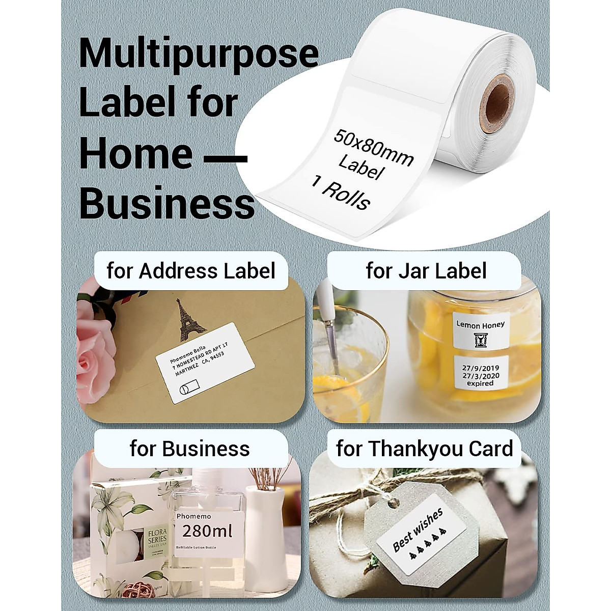 Multi-Purpose Square Self-Adhesive Label for Phomemo M110/M221/M220/M120/M200 Label Printer,1.97"x3.15"(50x80mm),100 Labels/Roll, Black on White