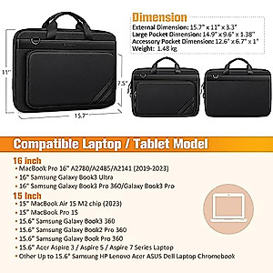 FINPAC 15.6 Inch Laptop Sleeve Case - Briefcase Shoulder Bag with Tablet Pocket and Accessory Pouch for MacBook Air 15, MacBook Pro 15 16 and Up to 15.6" Samsung Lenovo HP Acer ASUS Dell Laptop, Black