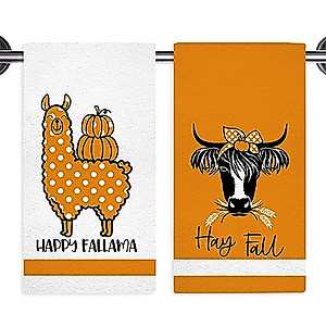 GAGEC Fall Kitchen Towels Funny Fallama Cow Fall Dish Towels Set of 2, Autumn Holiday Tea Towel 18 x 26 Inch Hand Drying Cloth Towel for Kitchen Home Decoration