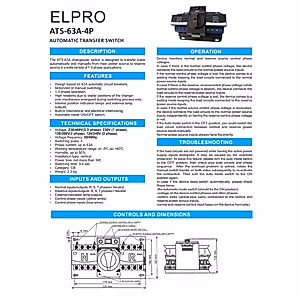 ELPRO ATS-63A, 120/208V 50-60Hz Automatic Transfer Changeover Switch, 2-3 Phase, 4P