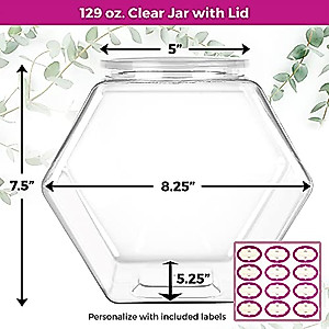 DilaBee Plastic Candy Jars for Candy Buffet, Candy Jars with Lids, Clear Cookie Jars for Kitchen Counter, Candy Dishes for Candy Buffet with Airtight Lid, Candy Bar Containers Set - Hexagonal Jars with Labels [129 Oz, Pack of 2] - Food Grade BPA-Free