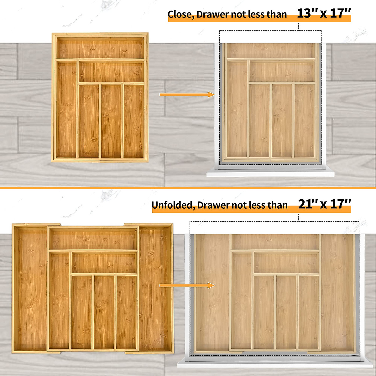EcoFives Bamboo Kitchen Drawer Organizer - Silverware Organizer - Utensil Holder and Cutlery Tray with Grooved Drawer Dividers for Flatware and Kitchen Utensils (8 Slot)
