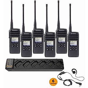 6 DTR600 Digital 900 MHz. License Free Digital Two-Way Business Radios with Display, 6 HKLN4604 Swivel Earpieces & 1 PMPN4465 6 Radio Charger by Motorola Solutions - Intended for Business Use