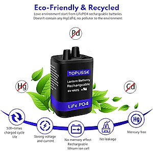 TOPUSSE Rechargeable 6 Volt 4.5AH LiFePO4 Lantern Battery with Charger 1500+ Cycles, 6V Batteries Battery with BMS (Spring Terminals) 2 Pack