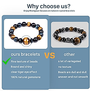 Triple protection bracelet, Tiger Eye Bracelet for Men Women, 12MM Crystal Stone Beaded Black Obsidian Bracelet, Anxiety Relief,increase courage and determination, Healing Energy Bead Bracelet