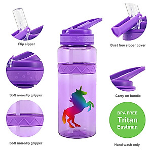 Home Tune 23oz Water Bottle with Straw, BPA Free Tritan, Leak Proof, Dust Proof Flip Straw, Easy Clean, Carry Handle - Unicorn