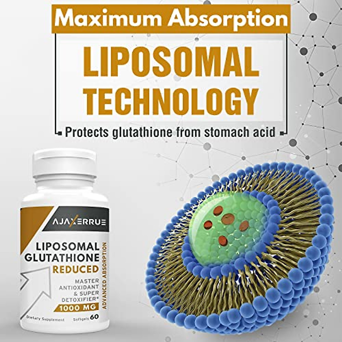 AJAXERRUE 1400 mg Liposomal Glutathione, Superior Absorption Complex Reduced Glutathione Supplement with Vitamin C, Hyaluronic Acid, Master Antioxidant for Liver Detox, Brain, Skin, 120 Softgels