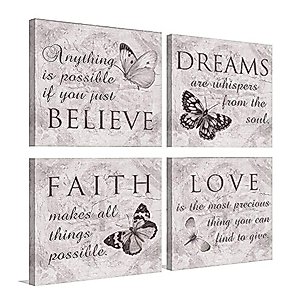 Butterfly Wall Art 4 Pcs Inspirational Quotes Love Dream Faith Believe Grey Butterfly Framed Pictures Wall Decor Butterfly Art Wall Decor Faith Canvas Wall Art for Bathroom Bedroom