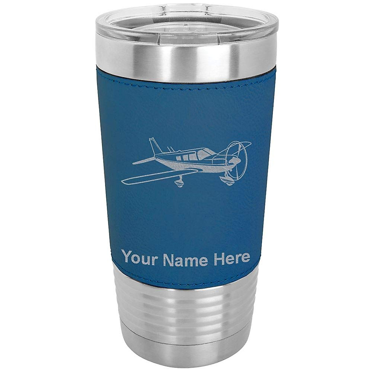 LaserGram 20oz Vacuum Insulated Tumbler Mug, Low Wing Airplane, Personalized Engraving Included (Faux Leather, Blue)