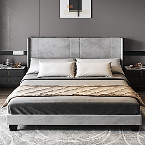 YITAHOME King Size Bed Frame, Platform Bed Frame with Gray Velvet Headboard and Wingback, Upholstered Bed Frame Strong Wood Slats Support, No Box Spring Needed, Gray