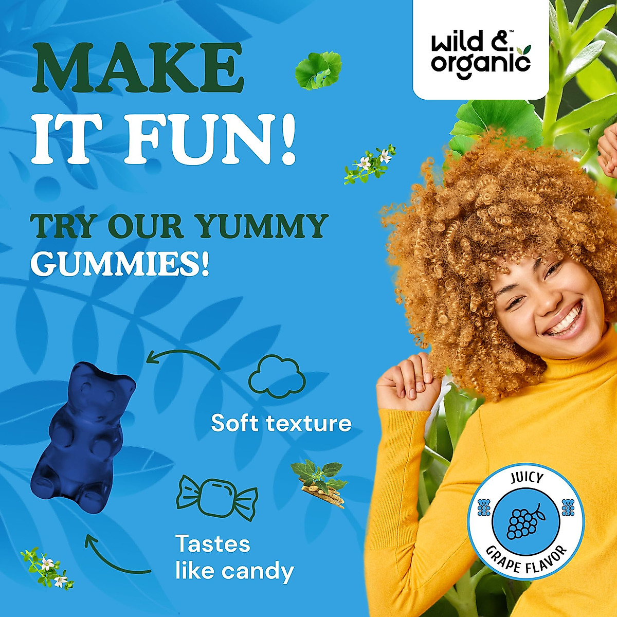 Wild & Organic Brain Support Gummies - Focus Supplement w/Ashwagandha Root, Vitamin B12, Ginkgo Biloba, Bacopa - Vegan Chews for Clarity & Productivity - 60 Brain Gummies