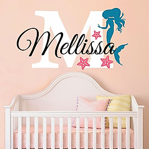 Nursery Mermaid Personalized Custom Name and Initial Wall Decal Sticker 28" W by 16" H, Girl Name Wall Decal, Girls Name, Mermaids Wall Decor, Girls Decor, Girls Bedroom, Plus Free Hello Door Decal