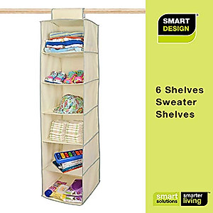 Smart Design Shelf Cubby Hanging Organizer w/ Hook & Loop - VentilAir Material - Clothing, Clothes, Accessories, & Closet Storage - Home Organization (6-Tier, Beige w/ Slate Trim)
