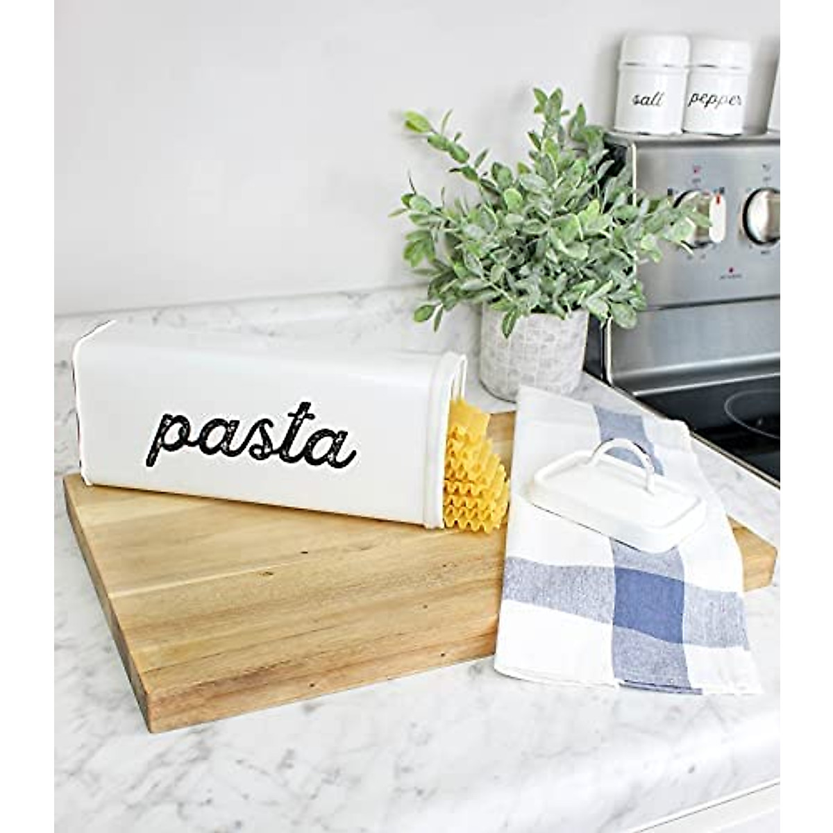 AuldHome Rustic Spaghetti Canister, Distressed White Enamelware Farmhouse Tall Pasta Storage Container