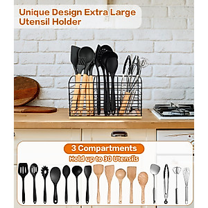 PrimZooty Large Utensil Holder for Kitchen Counter - 11.8"x 6.7"x 4.7", 3 Compartments Aesthetic Design, Kitchen Utensil Holder Utensil Organizer (Metal+Bamboo)