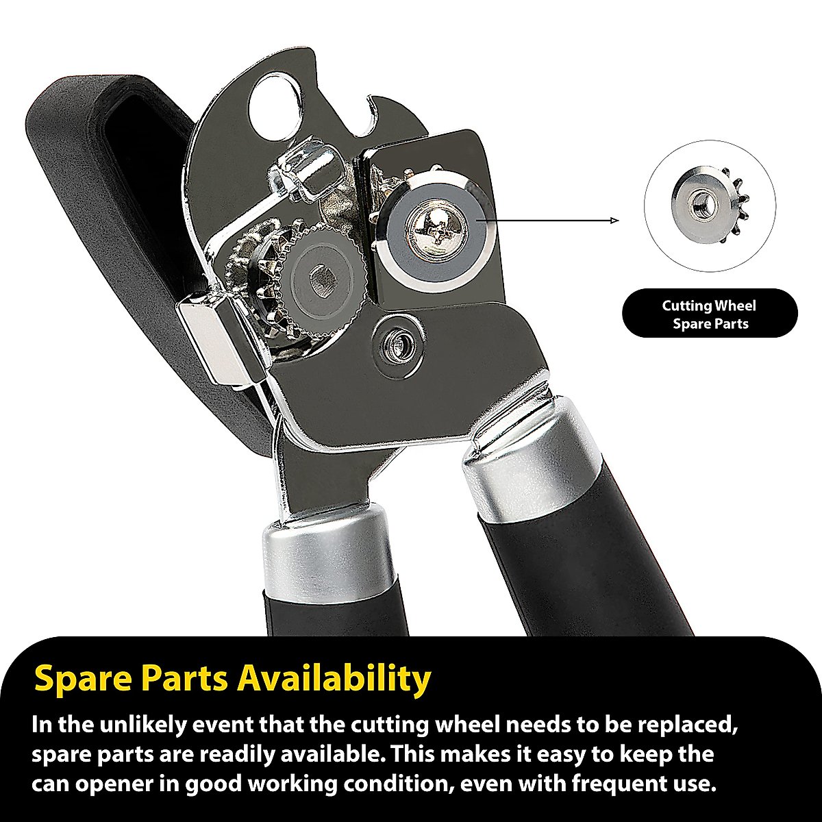 AHRAM Manual Can Opener, Sharp and smooth glide cutting wheel, With magnet lefter, Safe edge, Made with heavy duty materials, With additional glide cutting wheel as a spare part, With a bottle opener