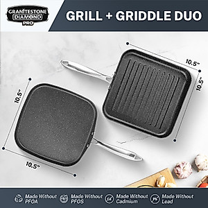 Granitestone 2 Pack Nonstick 10.5” Grill Pan + Flat Griddle Pan for Stove Top with 3x Coated Surface Perfect for Eggs Pancakes Steaks and More, Stove Top Griddle for Gas Grill, Oven Safe, PFOA Free