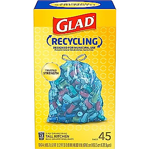 Glad Recycling Tall Drawstring Kitchen Trash Bags, Blue, 13 Gallon, 45 Count, Pack May Vary