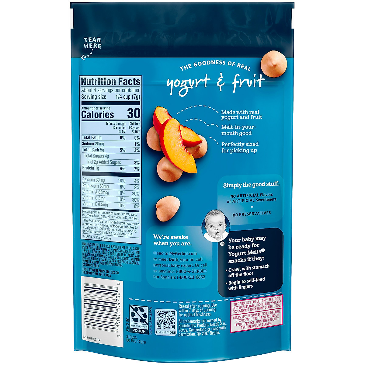 Gerber Yogurt Melts Freeze-Dried Yogurt Snack made with real fruit, Peach, 1 oz