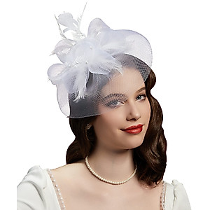 Cizoe Tea Party Fascinator Hats for Womens 50s Headwear with Veil Flower Cocktail Wedding Church Kentucky Derby Hat(02-white)