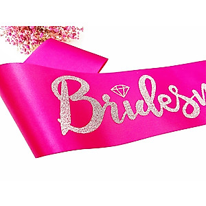 Bridesmaid Sashes Set of 6, Hot Pink Sash with Silver Glitter Letter Bachelorette Party Sash for Bridal Shower Wedding Party Accessories Supplies Engagement Gifts