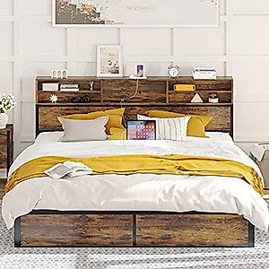 LIKIMIO King Size Bed Frame with Boocase Headboard and Charging Station, Sturdy and No Noise Platform Bed, No Box Spring Needed, Easy Assembly, Vintage Brown