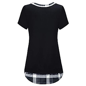 Tunic Shirts for Women Short Sleeve,Flattering Contrast Check V Neck Blouse Modest Youth Henley Tops Hi-Low Hem Casual Business Work Flowy Shirts Wear with Leggings Pullover Tunic Black Large