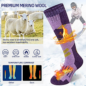 Kids Ski Socks Merino Wool Winter Warm Thermal Hiking Snowboarding Knee High Heavy Boot Socks for Toddler Boys Girls 2 Pairs(Pink/Purple, 8-12 Years)