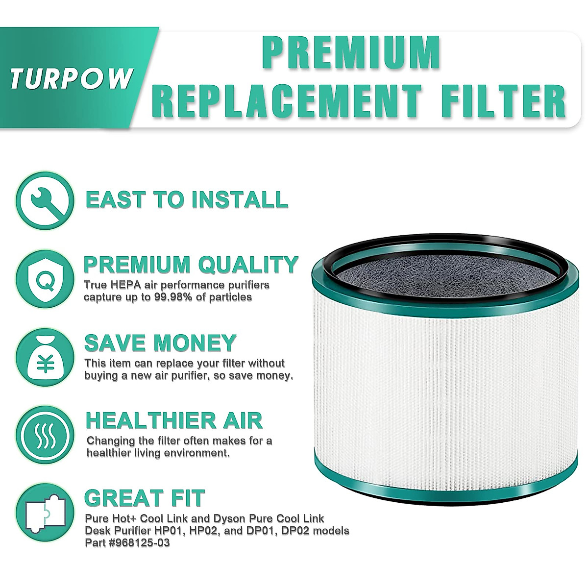 TURPOW Air Purifier Filter Replacements for Dyson HP01, HP02, HP03, DP01, DP02 Desk Purifiers, Replaces Part NO.968125-03, Compatible with Dyson Pure Hot Cool Link Fans Filter