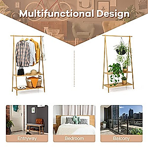 Giantex 2-Tier Bamboo Clothing Rack, 5.3Ft Freestanding Clothes Organizer Rack with Anti-tipping Devices, Cloth Hanger Standing Rack with Bottom Storage Shelves, Garment Racks for Hanging Clothes