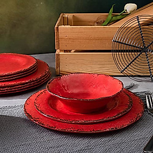 LEHAHA Farmhouse Plates and bowls set 12 Piece Melamine Dinnerware Sets for 4 People Lightweight and Unbreakable Dish Set Perfect for Indoor Outdoor Dining Party and Picnic Red