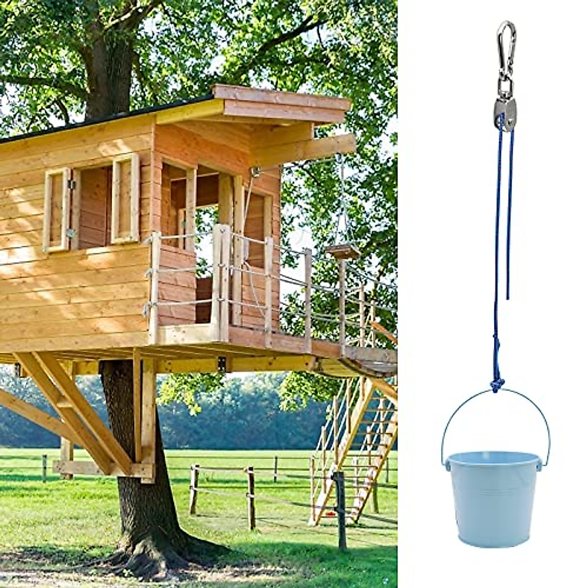 FUQUN Treehouse Accessories for Kids,Pulley with Bucket Cable, Kids Playhouse Accessories, Pulleys for Kids, Pirate Ship Accessories Outdoor, Playhouse Game Accessories, Bucket for Treehouse (Blue)