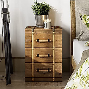 LONYKE Distressed Solid Wood Nightstand with 3-Drawer, Vintage Mid Century End Table Side Table with Metal Handles, Fully Assembled, Retro Brown