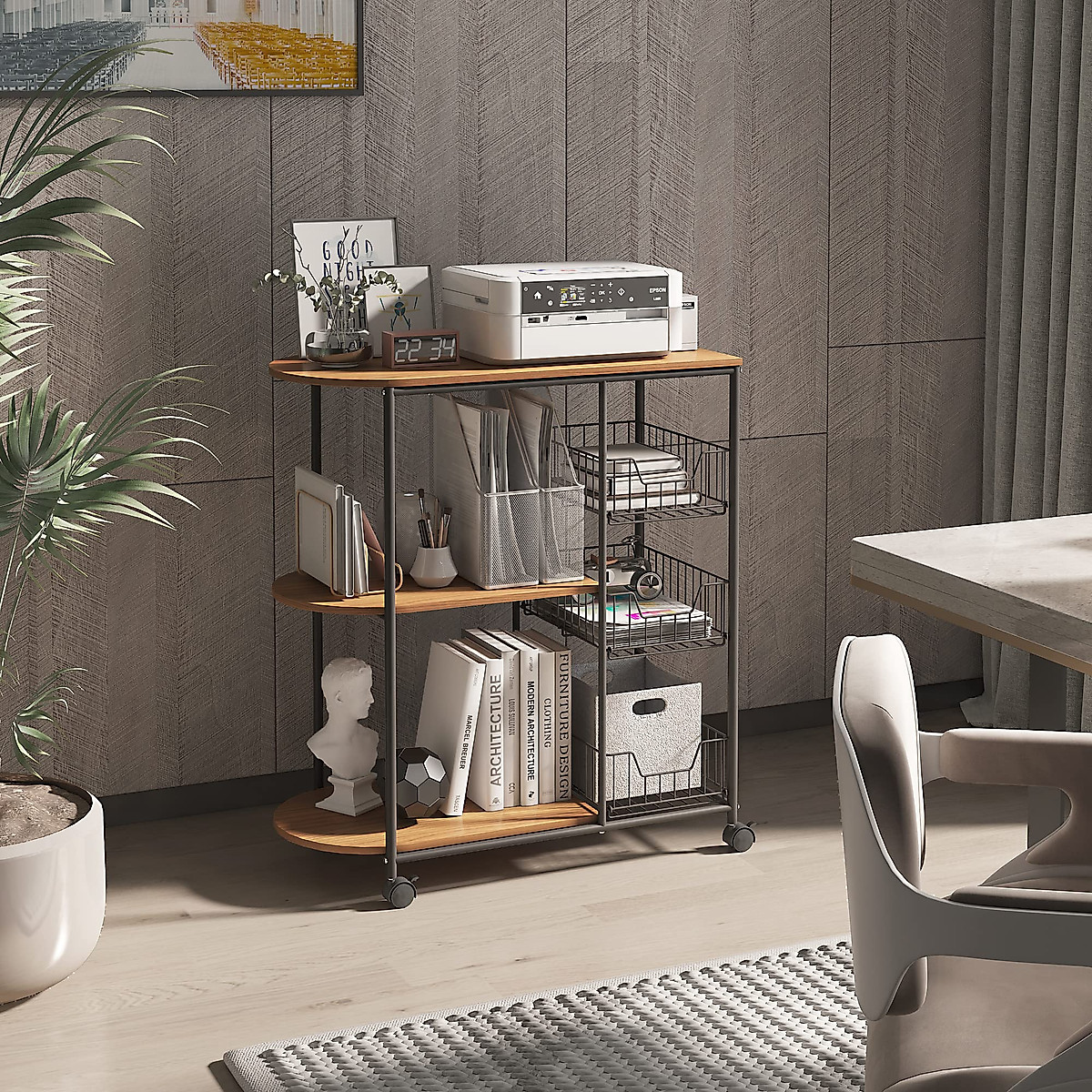 Microwave cart with Storage, Kitchen Microwave Serving Stand Carts with 4 Storage Shelf, Metal Coffee Bar on 4 Wheels and 3 wire baskets for Spice Rack Organizer Workstation, Easy assemble, 33 inch