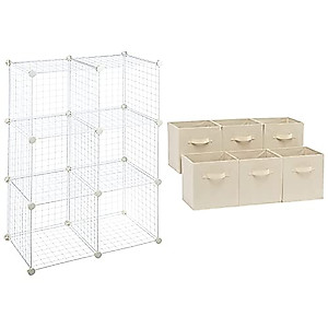 Amazon Basics Collapsible Fabric Storage Cubes Organizer with Handles, Beige - Pack of 6 & Amazon Basics 6-Cube Wire Grid Storage Shelves, 14" x 14" Stackable Cubes, White