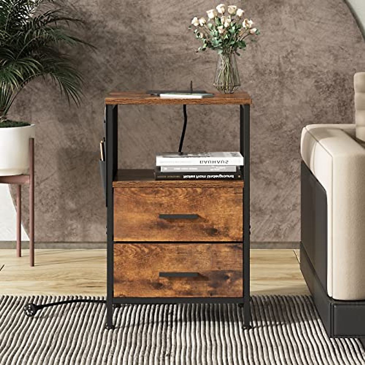 Vabches End Table with Charging Station, Nightstand with USB Port, Outlet and Fabric Bag, 2 Drawers & Open Storage Shelf Side Table, Sofa Cabinet for Living Room, Bedroom, Office