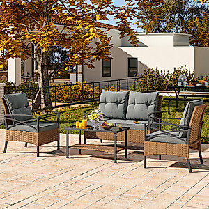 YITAHOME 4-Piece Patio Furniture Wicker Outdoor Bistro Set, All-Weather Rattan Conversation Loveseat Chairs for Backyard, Balcony and Deck with Soft Cushions and Metal Table (Light Brown+Gray)