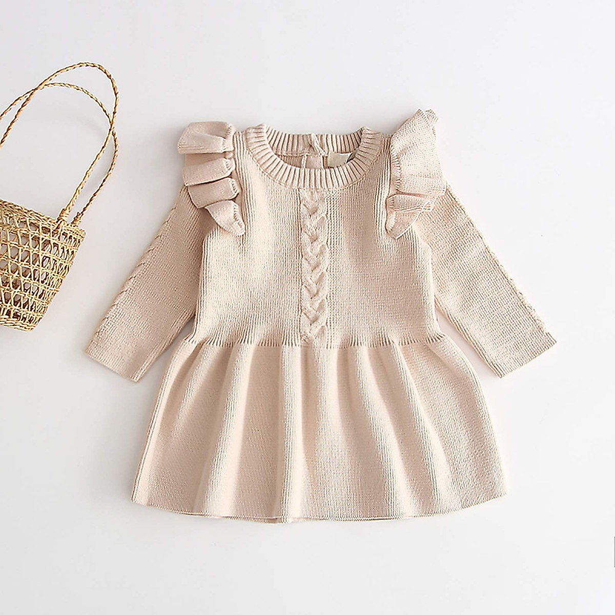 Toddler Baby Girl Knit Sweater Dress Cute Kids Solid Ruffle Long Sleeve Dresses Top Fall Winter Warm Outfits Clothes Apricot Ruffle 2-3 Years