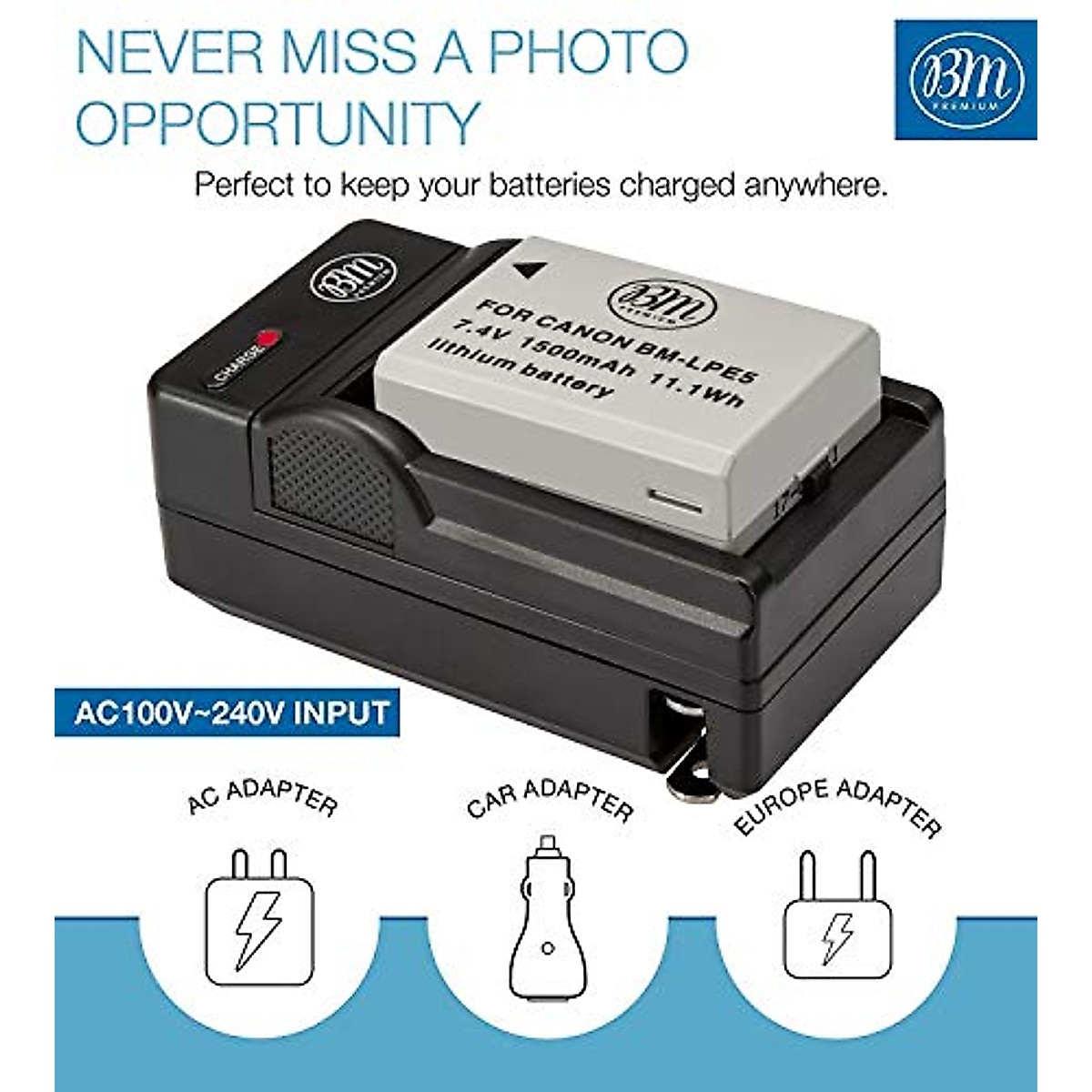 BIG MIKE'S ELECTRONICS BM Premium 2 Pack of LP-E5 Batteries and Battery Charger Kit for Canon EOS Rebel XS, Rebel T1i, Rebel XSi, 1000D, 500D, 450D, Kiss X3, Kiss X2, Kiss F Digital SLR Camera