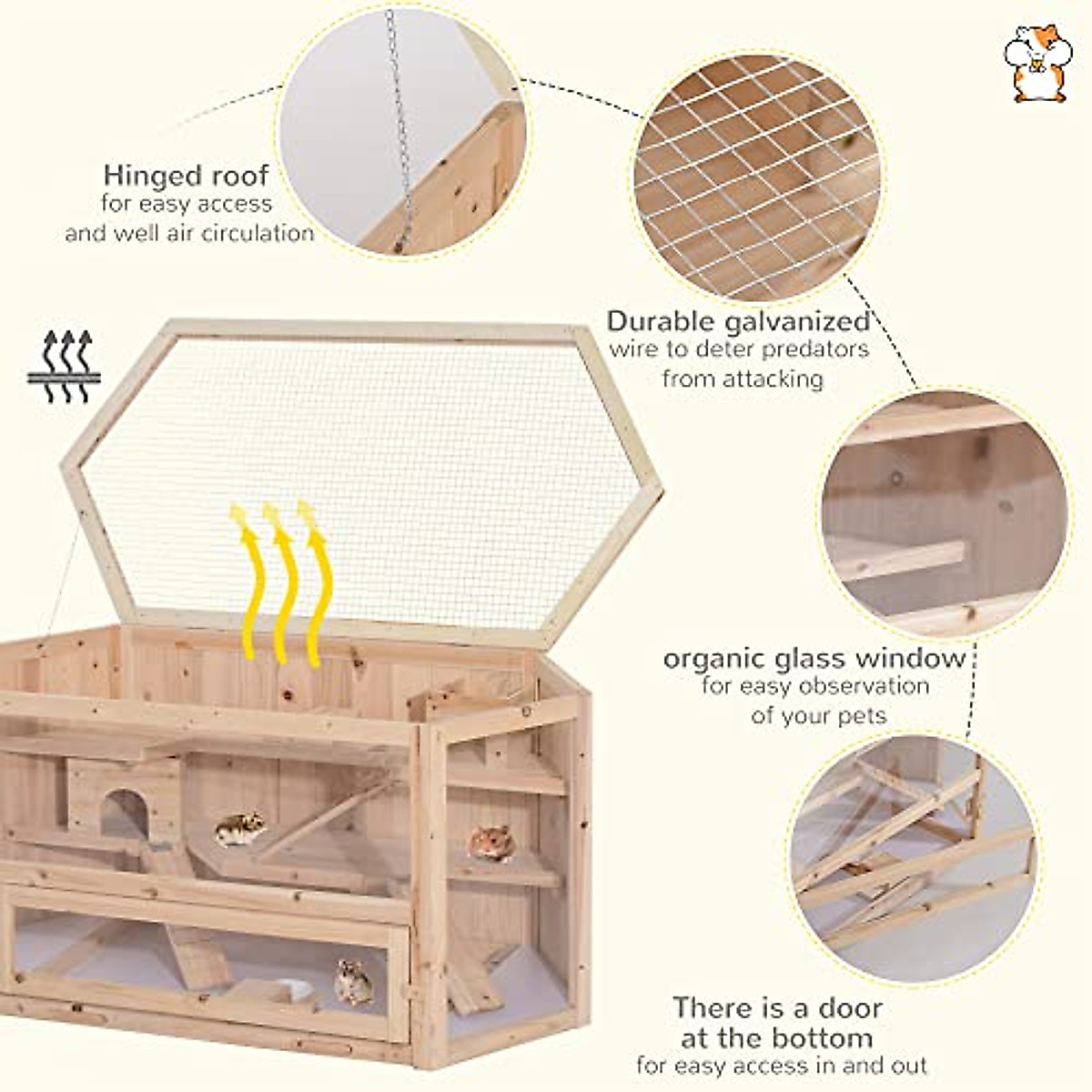 PawHut 3-Tier Extra Large Wooden Hamster Cage with Seesaws, Small Animal Cage and Habitat, Mice, Rat, Gerbil, & Hamster Habitat, Ladder, Feeding Bowl, Openable Top and Front Door