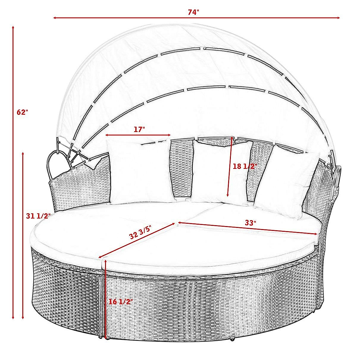 Tangkula Patio Furniture Outdoor Lawn Backyard Poolside Garden Round with Retractable Canopy Wicker Rattan 74" Diameter Round Daybed, Seating Separates Cushioned Seats (Without Table Round Bed)