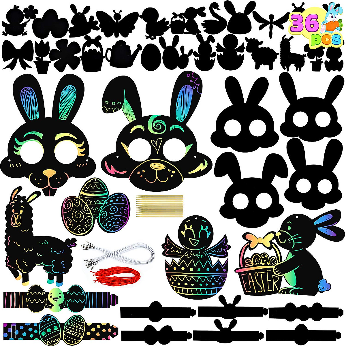 JOYIN 36 PCs Easter Rainbow Scratch Cards Craft Art Set for Kids Including Scratch Card 24 Pendants, 6 Bracelets, 6 Bunny Masks, Kids Easter Craft Kit